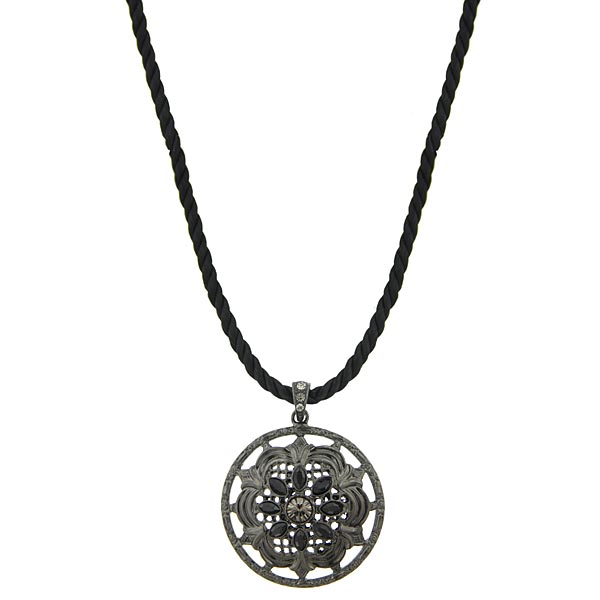 2028 Jewelry Black Twist Cord Round Black Crystal Floral Pendant Neckl ...