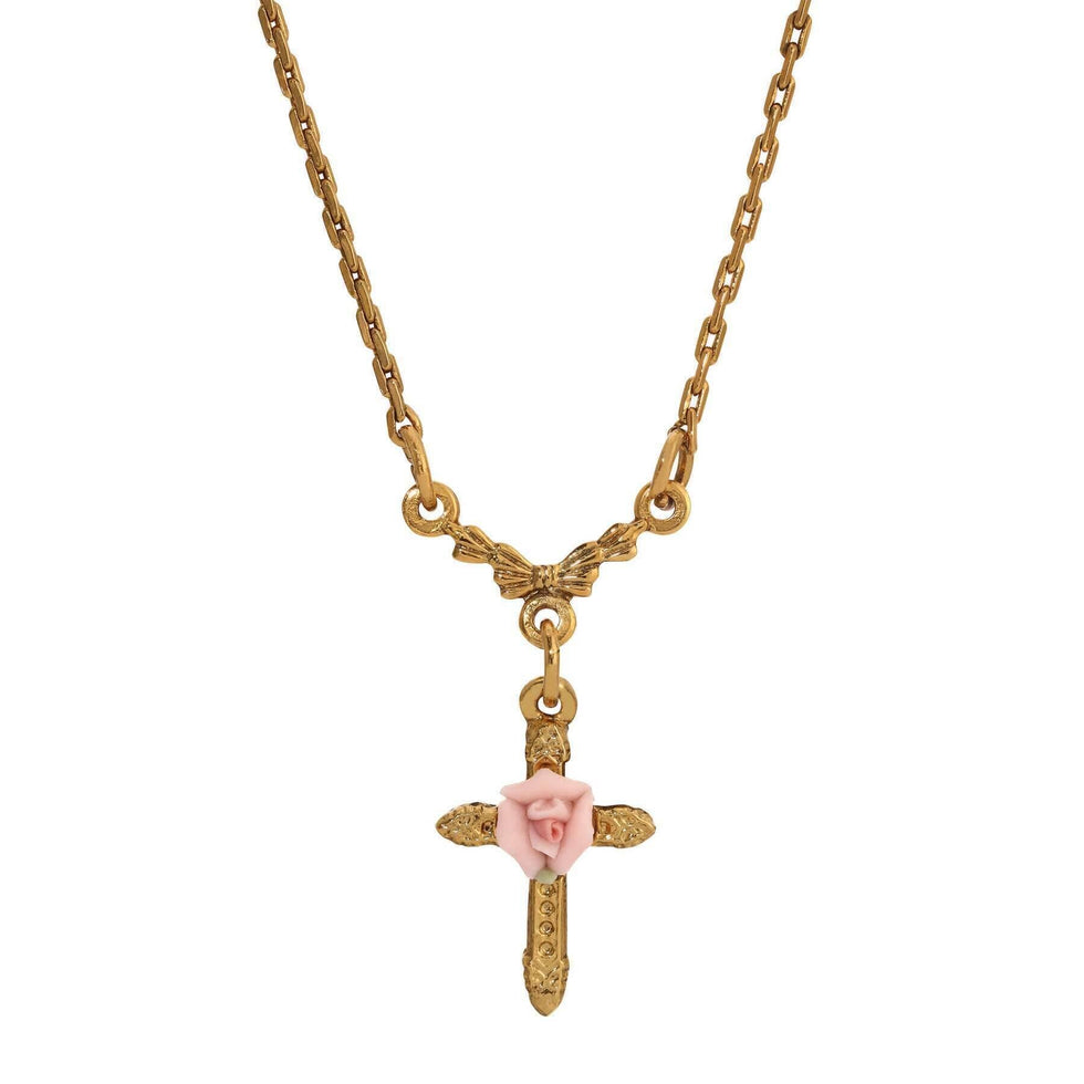 1928 Jewelry Pink Porcelain Rose Cross Pendant Necklace 16" + 3 ...