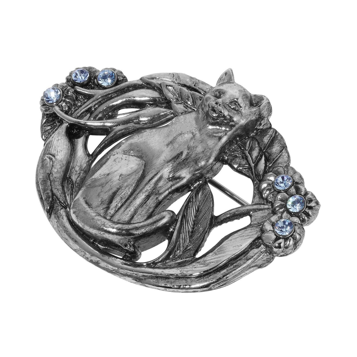 Whimsical Cat & Floral Vine Light Sapphire Blue Crystal Pin – 1928 Jewelry