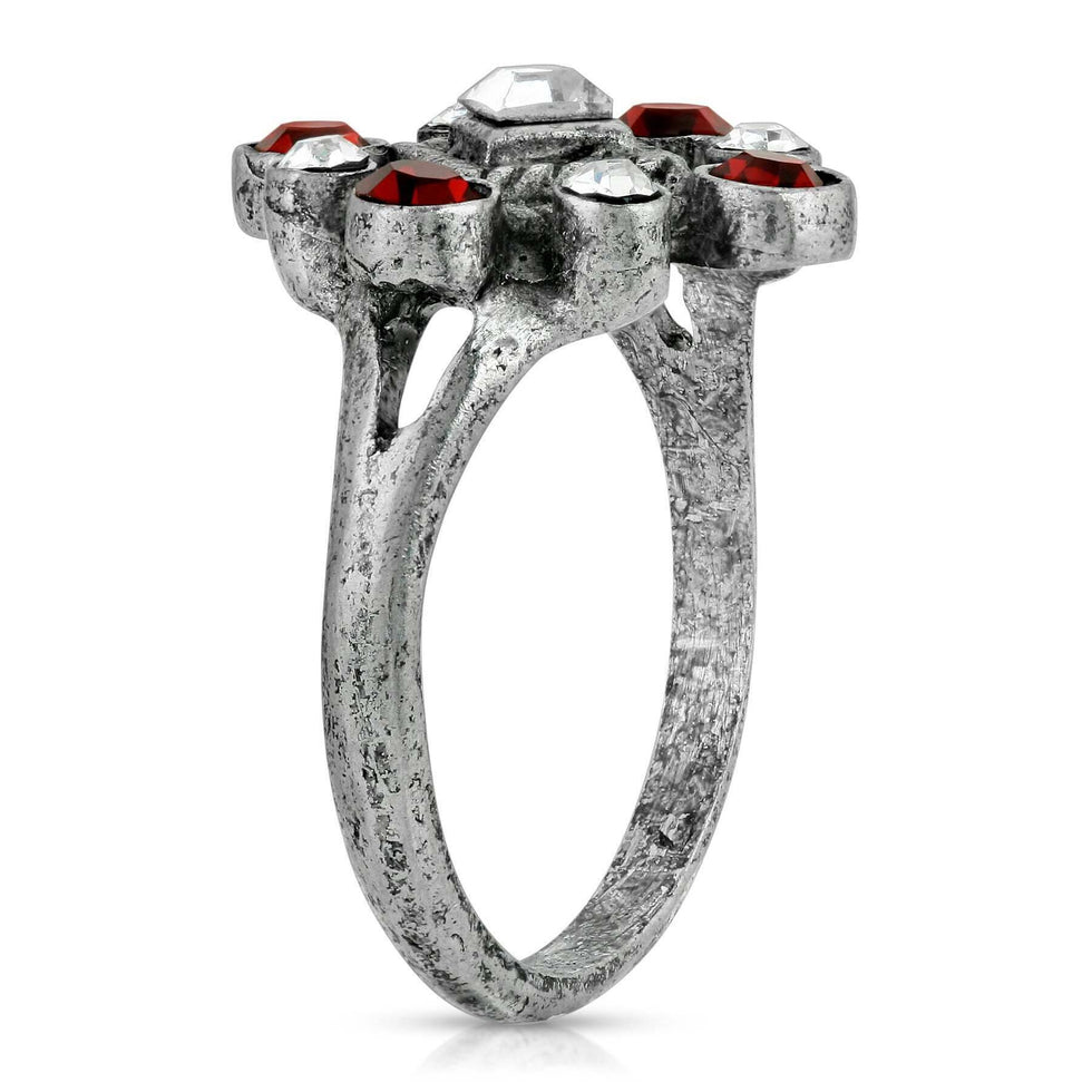 Pewter Red & Crystal Diamond Shaped Ring Size 7 – 1928 Jewelry