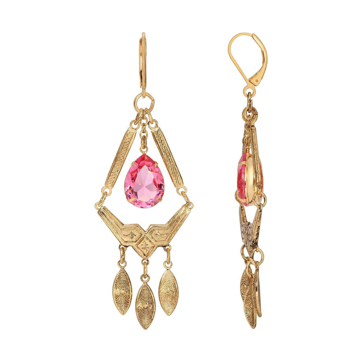 1928 Jewelry Tri Harmonic Leaf Drop & Rose Pink Oval Crystal Dangle Ea