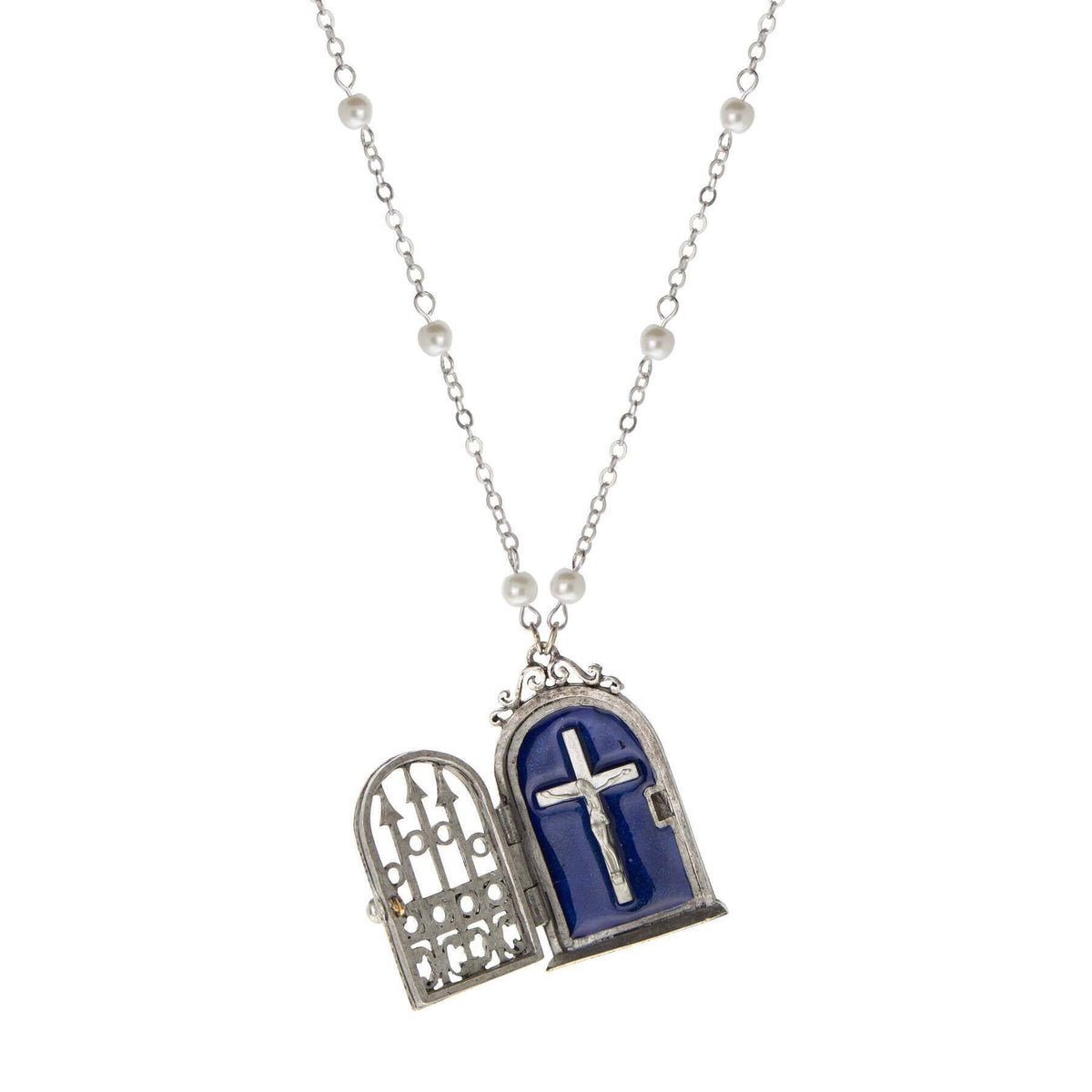Symbols Of Faith Gate & Crucifix Blue Enamel Reliquary Necklace 24 ...
