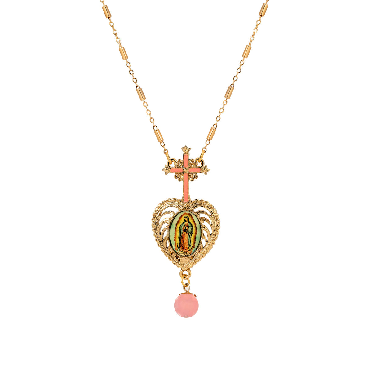 Symbols Of Faith Pink Cross & Our Lady of Guadalupe Heart Pendant ...