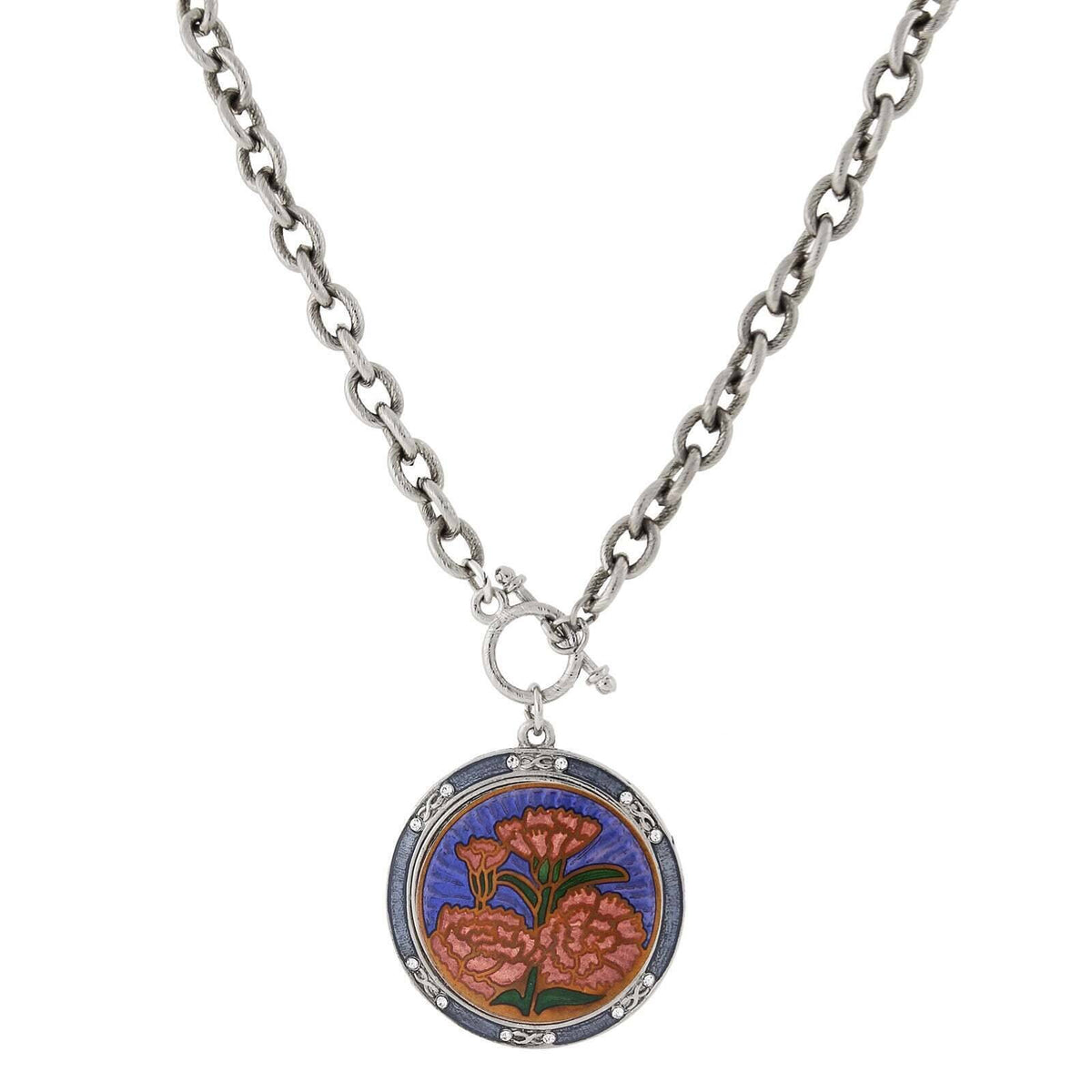 Blue and Orange Floral Enamel Medallion Toggle Pendant Necklace 20 ...