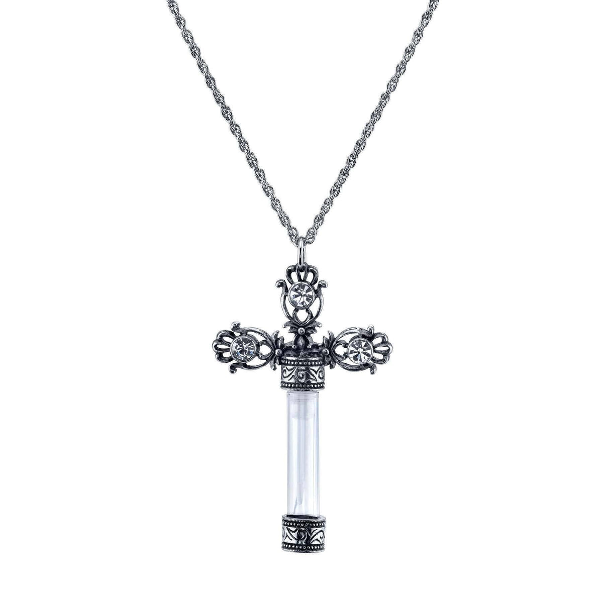 1928 Jewelry Antiqued Ornate Cross Clear Crystal Glass Vial Necklace 3