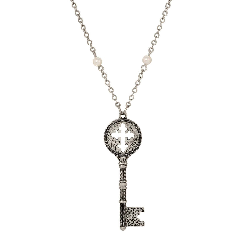 Symbols Of Faith Budded Cross Key Pendant Faux Pearl Accent Necklace 28 ...
